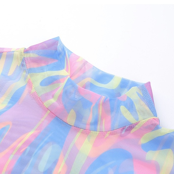 Tops | Colorful Trippy Long Sleeve Sheer Bodysuit | Poshmark